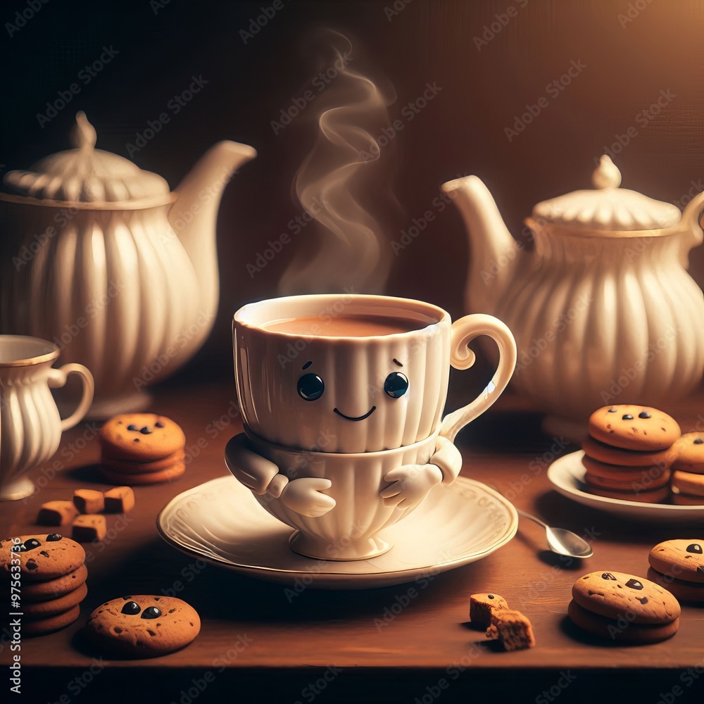 A delightful image featuring a cute animated tea cup with a smiling ...