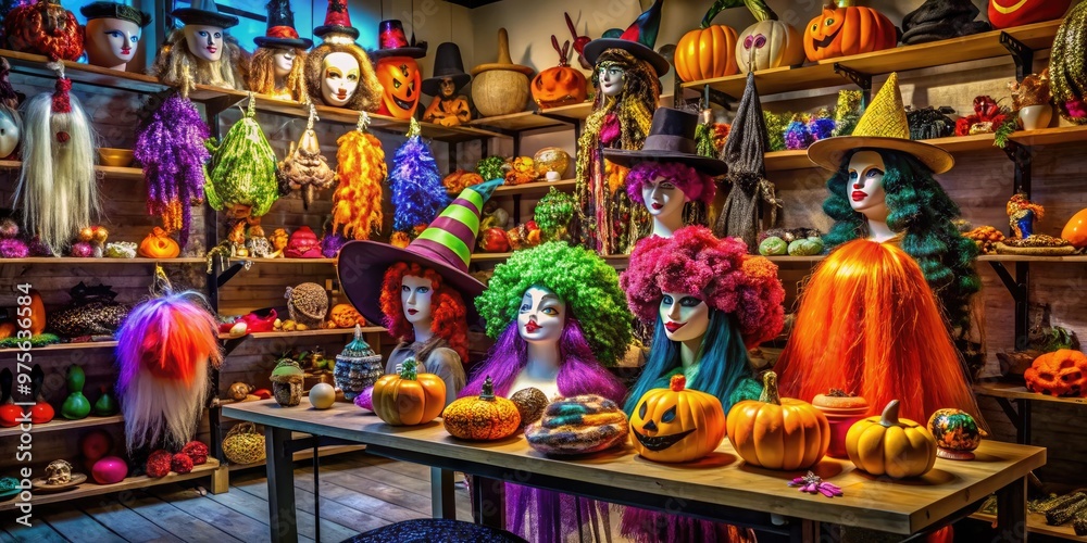 Colorful array of spooky and playful costumes, wigs, hats, and ...
