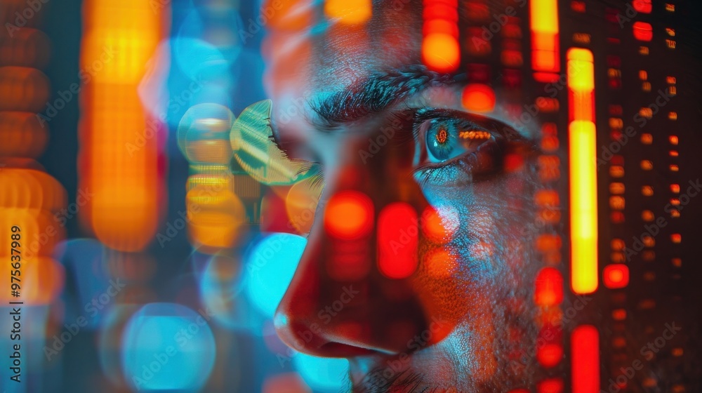 Striking emotive facial close up with vibrant atmospheric lighting and ...