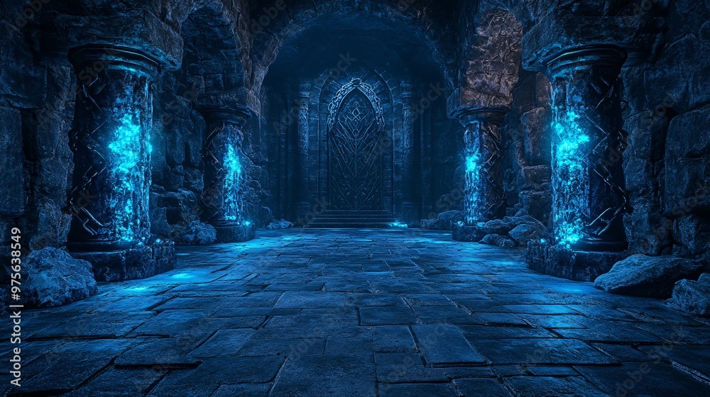 A dimly lit dungeon with glowing crystals scattered across the floor ...