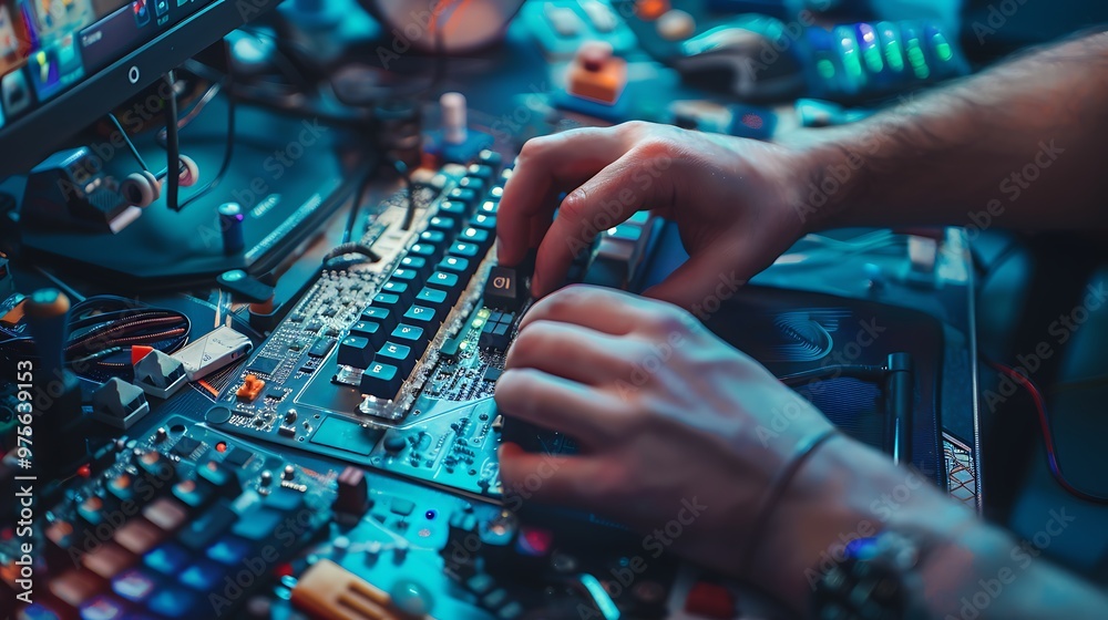Detailed view of a programmer's hands working on a custom keyboard ...