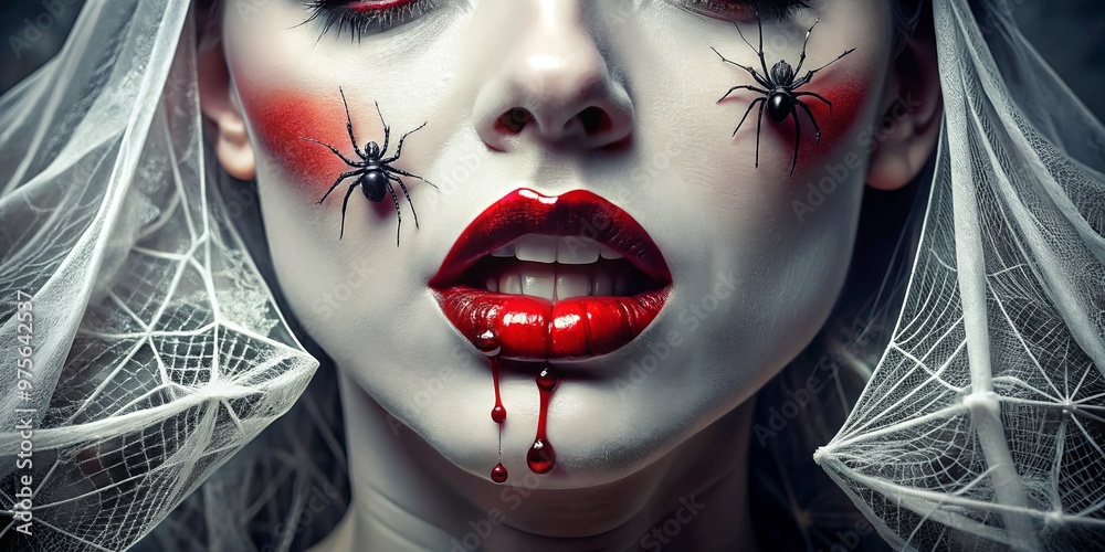 Spiders and cobwebs adorn a lipstick-red mouth with glowing eyes, as a ...