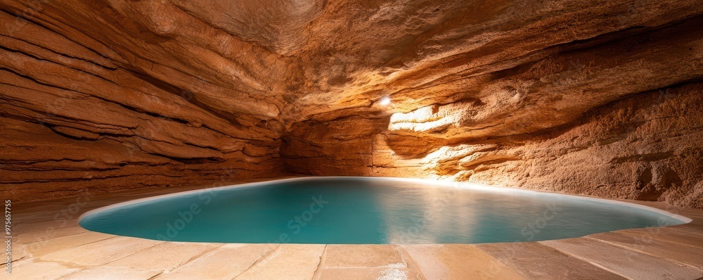 Hot spring cave with thermal pools, illuminated by soft, ambient light ...
