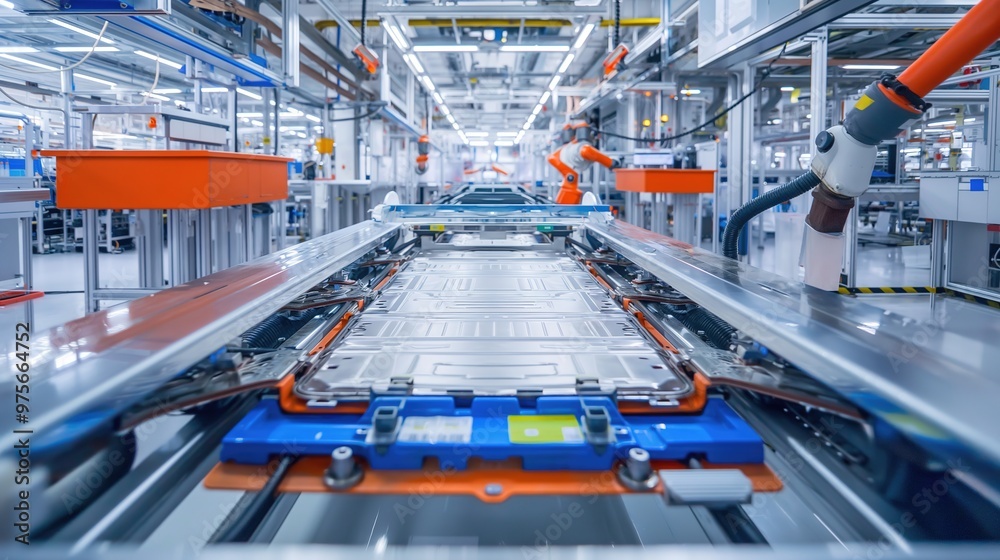 Advanced electric vehicle battery production line with robotic arms assembling lithium-ion cells ...