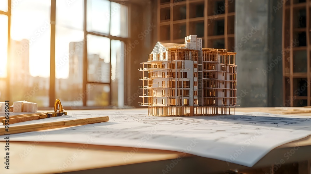 Architectural model of a modern high rise apartment building with ...