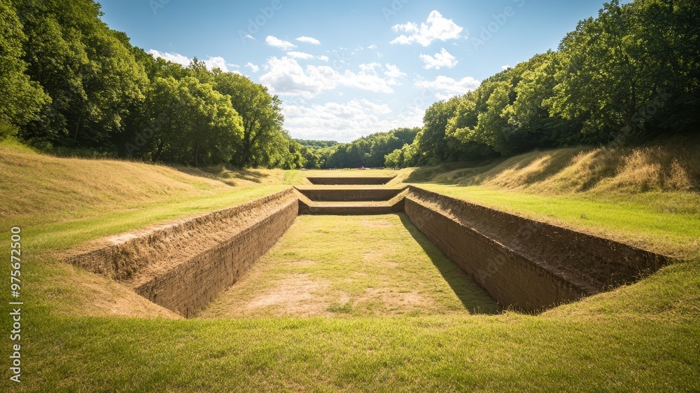 Ancient earthworks in a lush landscape, highlighting layers of history ...