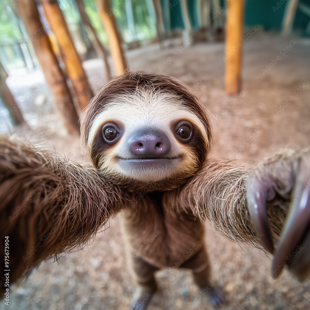 baby sloth with long arms and a gentle expression stretches towards the ...