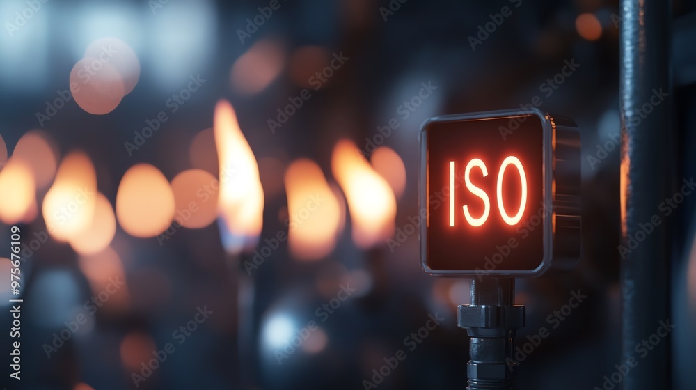 Blurred view of multiple Bunsen burners with a glowing ISO sign in ...