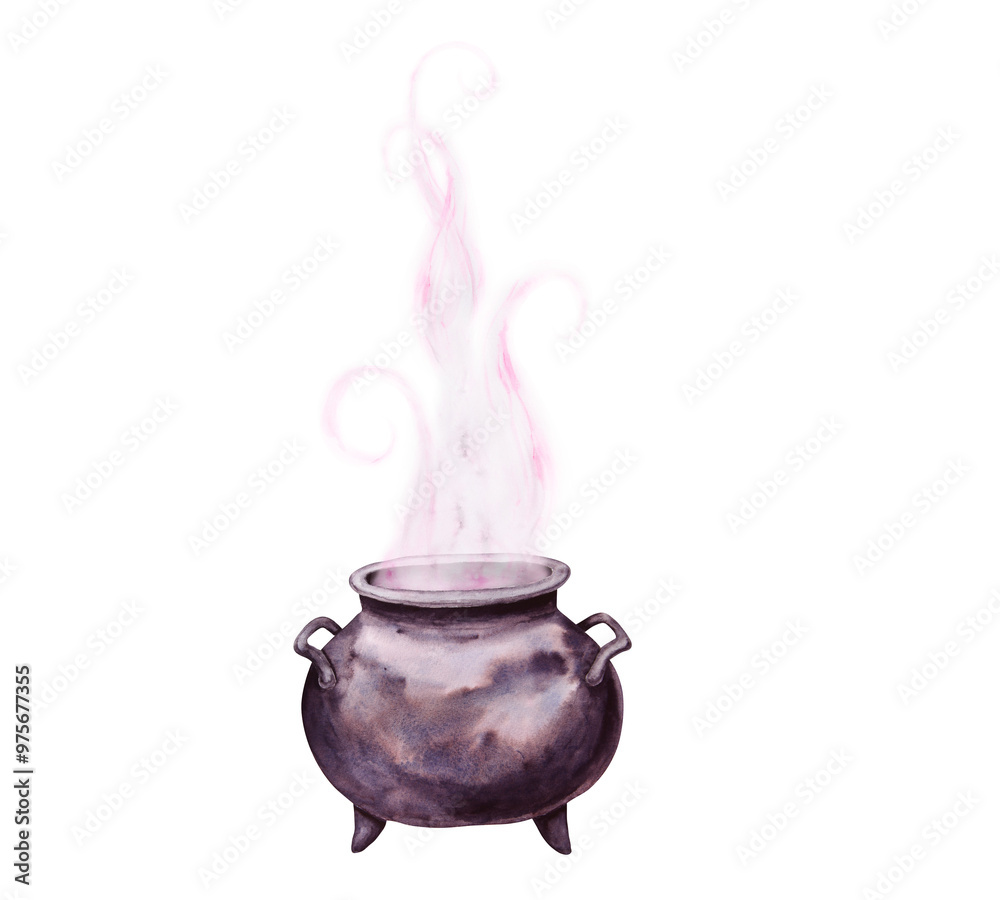 Black cast iron cauldron for brewing potions. Esoteric attribute of a ...