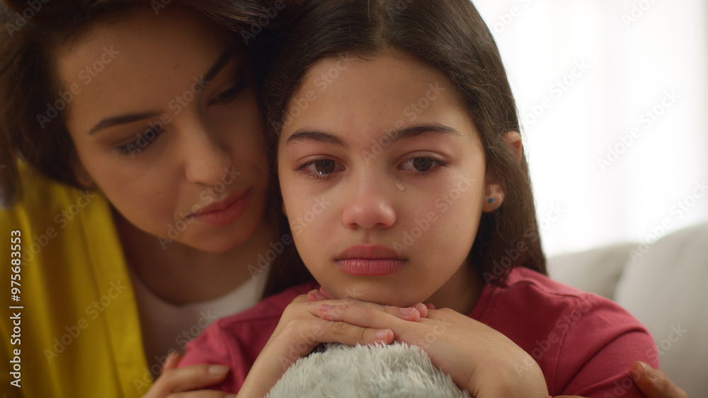 Close up Caucasian crying sad anxious depressed little girl child kid ...