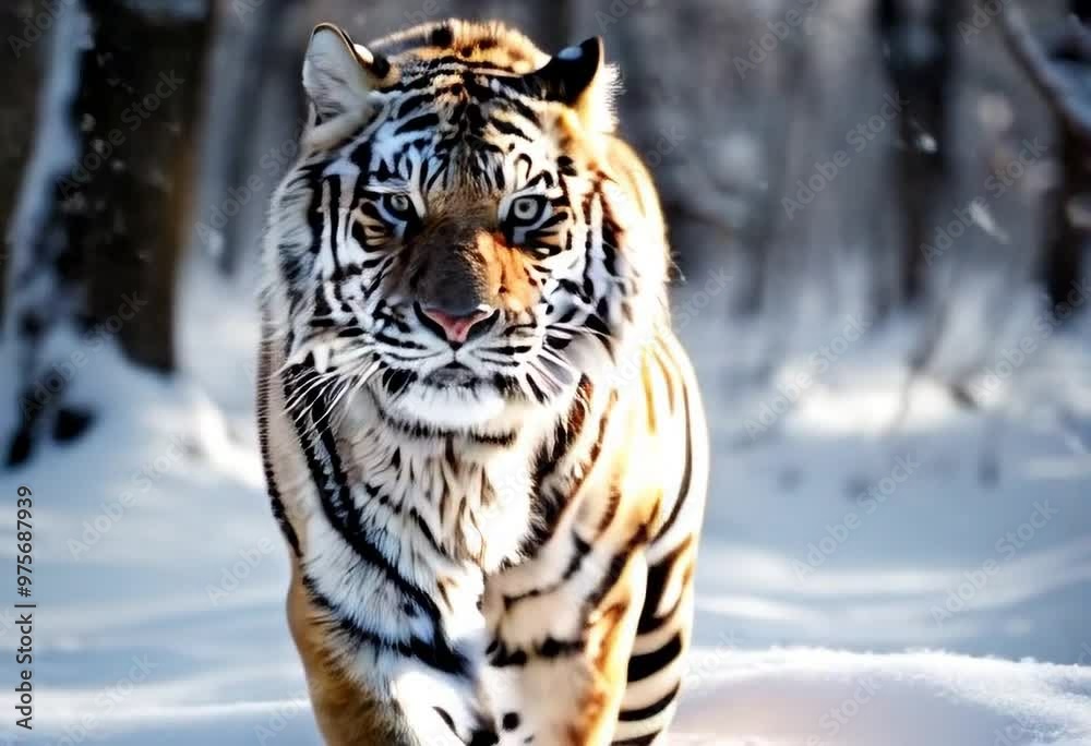 Close-up of a majestic tiger walking toward the camera in a snowy ...
