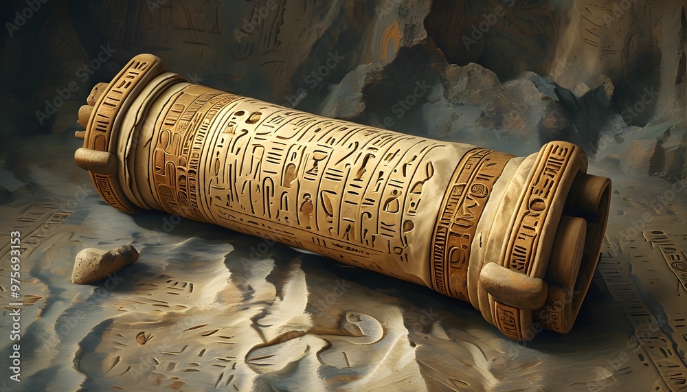 Mystical ancient scroll adorned with hieroglyphics, embodying enigma ...