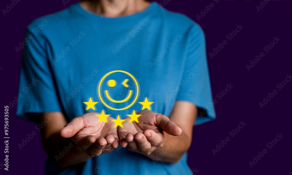 Woman hand show the smile face emoticon on virtual screen to give five ...