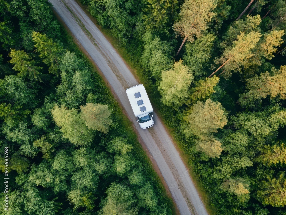 Aerial View of Caravan Trailer Journeying Through Lush Green Woods in ...