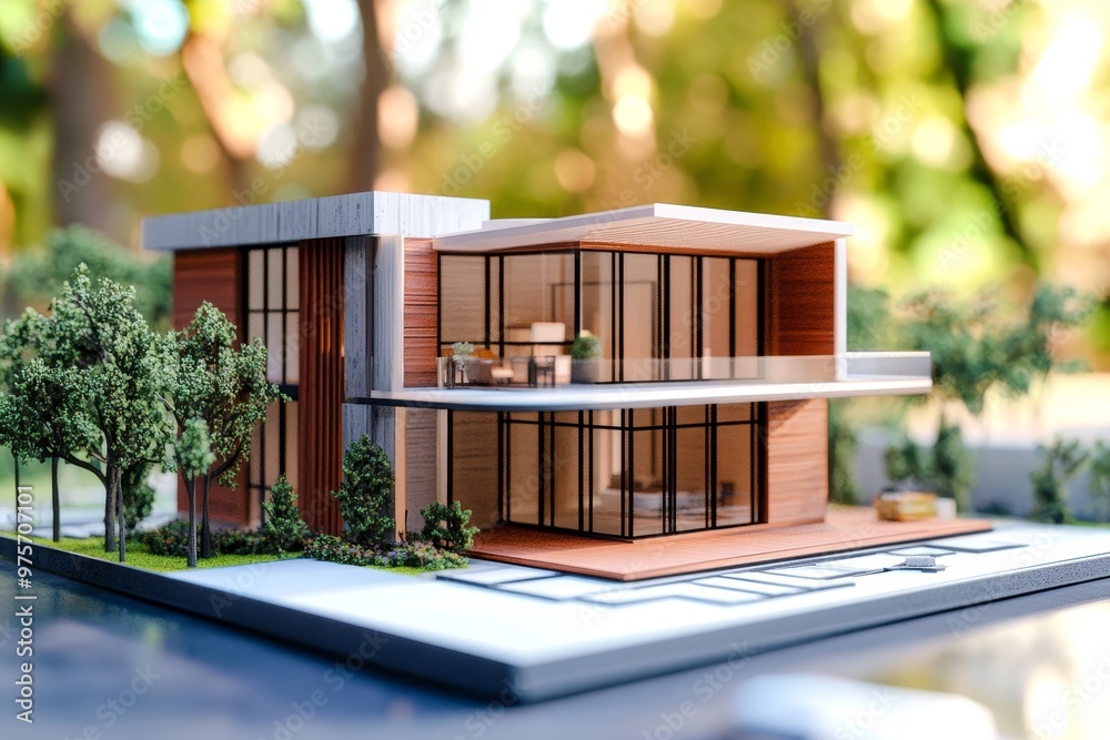3d small house model positioned on detailed architecture floorplan for ...