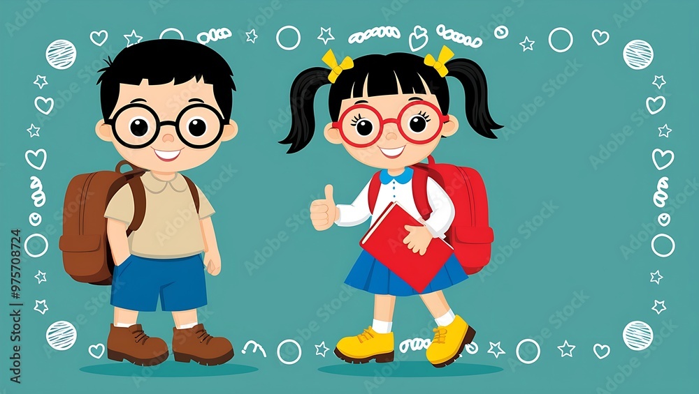 Colorful cartoon illustration of two cheerful children on a teal ...