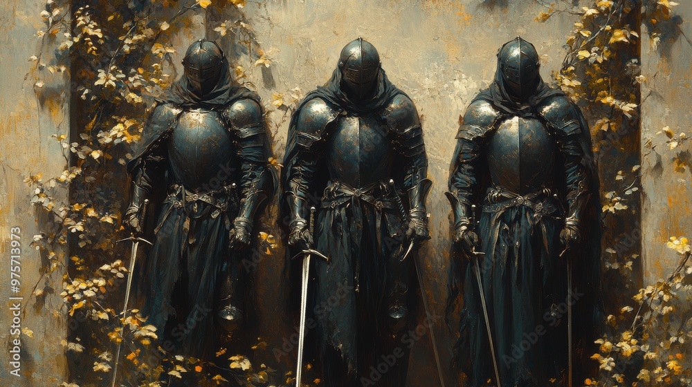 Depicts three armored knights wearing dark cloaks, standing solemnly ...