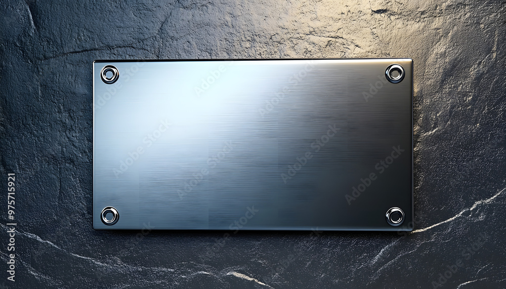 Silver large metal plate with rounded corners is mounted on the wall ...