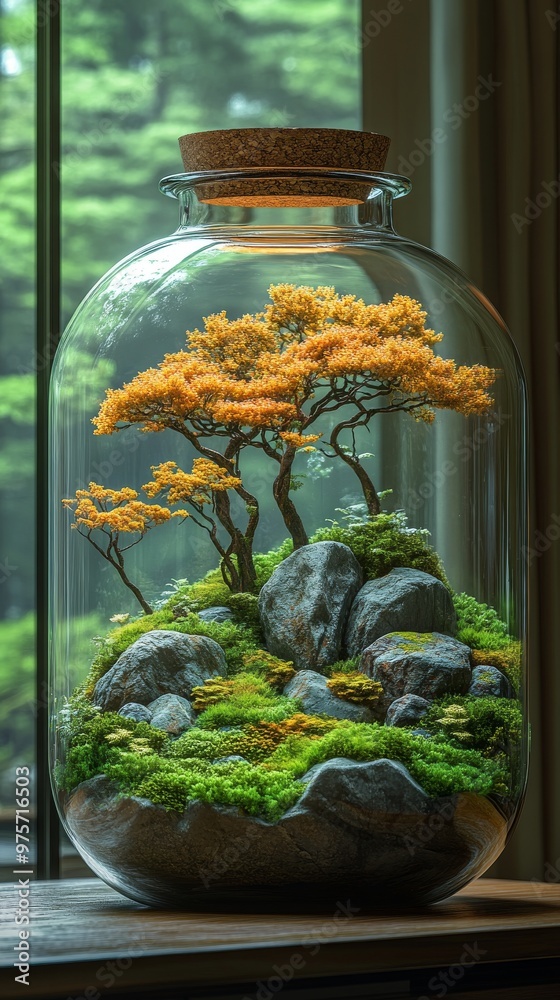 Large glass terrarium contains a miniature landscape with trees, rocks ...