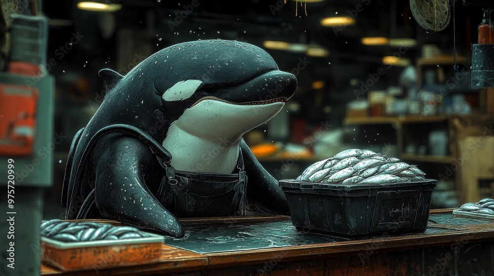 Stylized orca wearing a black apron, working at a fish market and ...