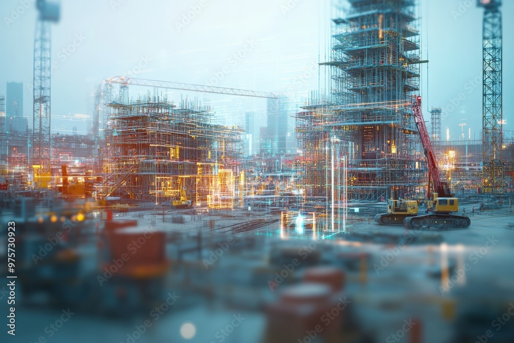 Futuristic construction site with holographic visuals and advanced ai ...