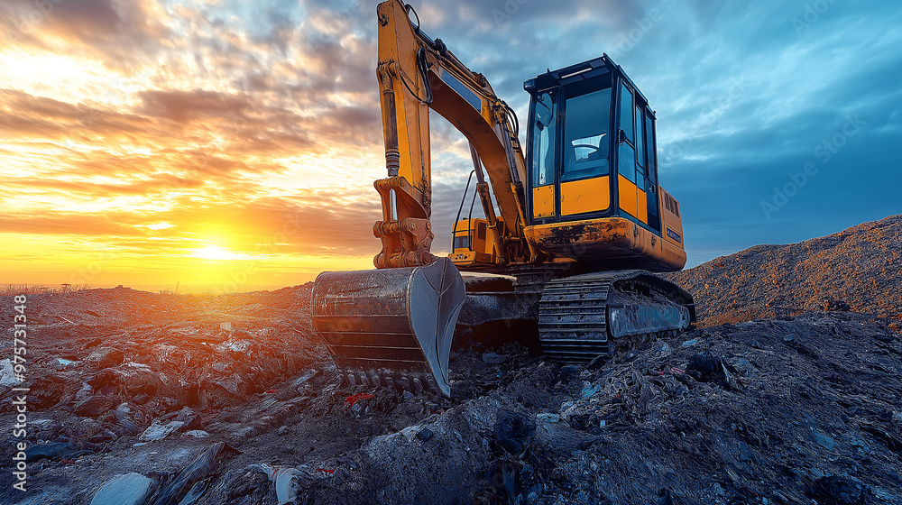 Bustling city landfill with an excavator at the forefront, working ...