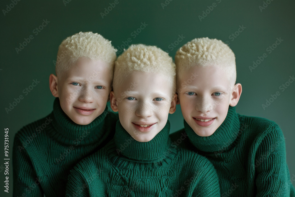 Three albino brothers. Triplets on green background in green ...