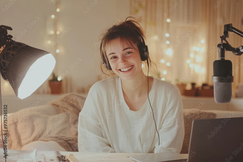 a young women sitting on a sofa in front of her microphone and ...