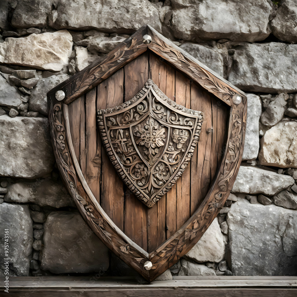 A beautifully crafted wooden shield with intricate carvings, mounted on ...