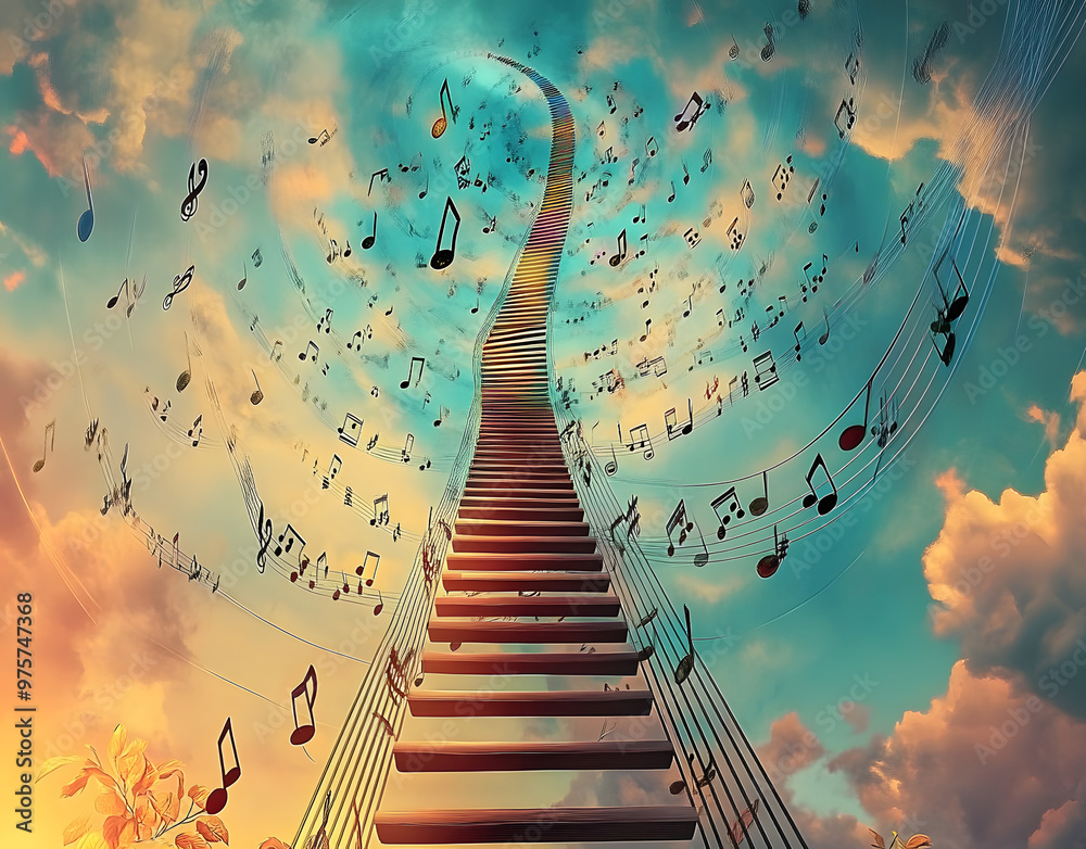 Surreal image of a ladder composed of musical notes ascending into the ...