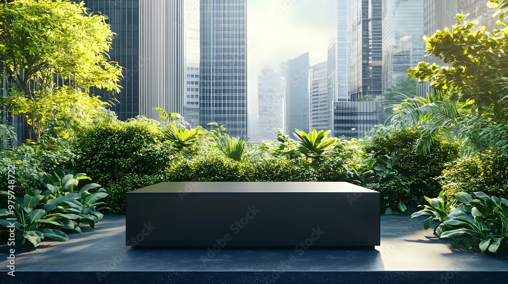Sleek black metal podium in an urban rooftop garden surrounded by ...