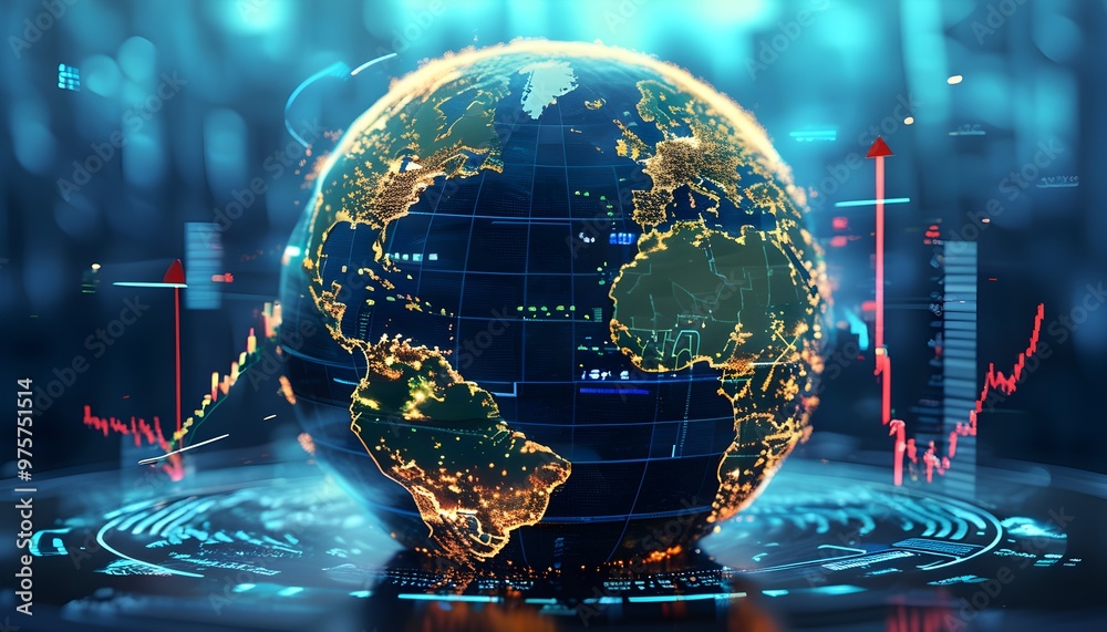 Futuristic depiction of global economy with digital earth, trade routes ...