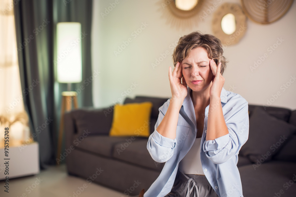 Sinus ache causing very paintful headache. Unhealthy woman feeling pain ...