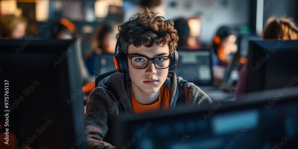A focused young gamer sits at a computer screen in a vibrant eSports ...