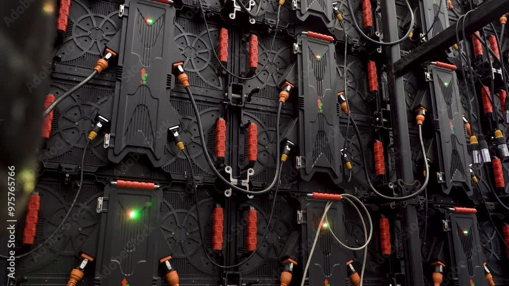 Backside of big LED screen monitor display. Texture of back view of LED panels with power input ...