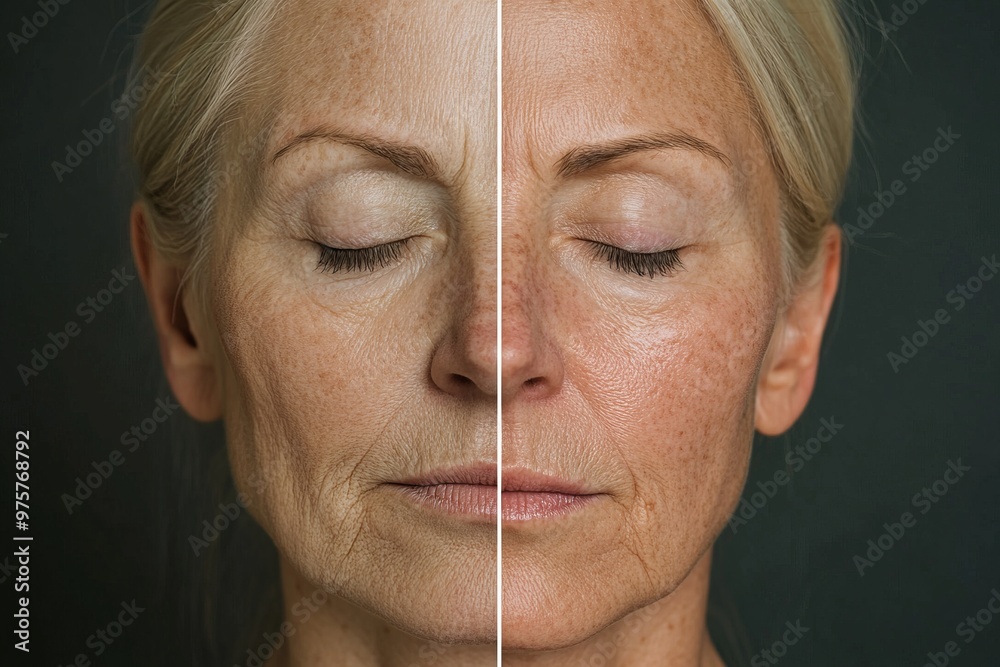 side-by-side comparison of a white woman's skin metamorphosis. The left ...