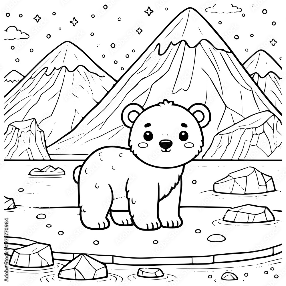 Cute Polar Bear in Arctic Mountains Coloring Page for Kids Stock ...