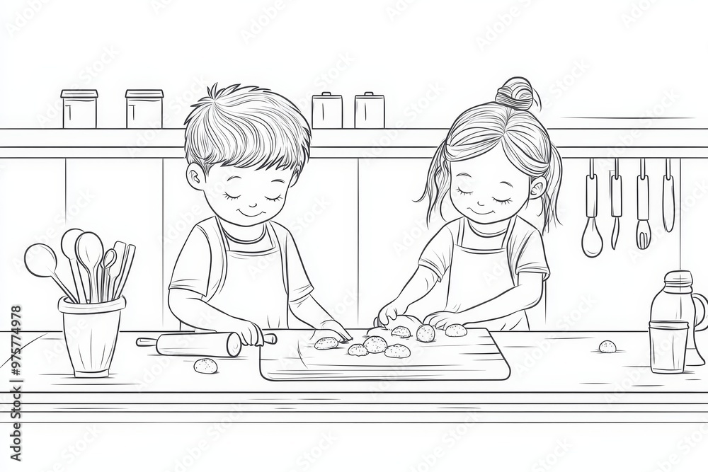 Continuous one line drawing siblings boy and girl baking together with ...