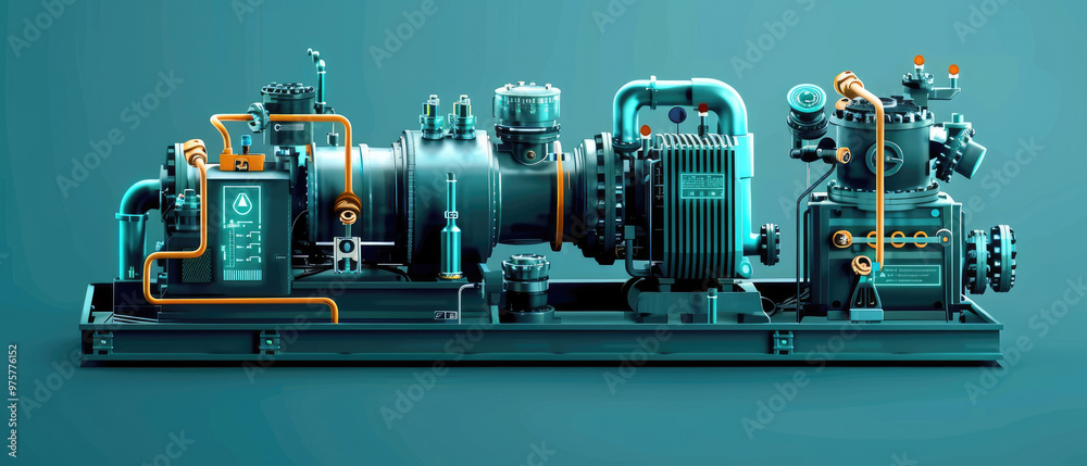 Poster Flat design side view hydraulic compressor mechanism animation ...