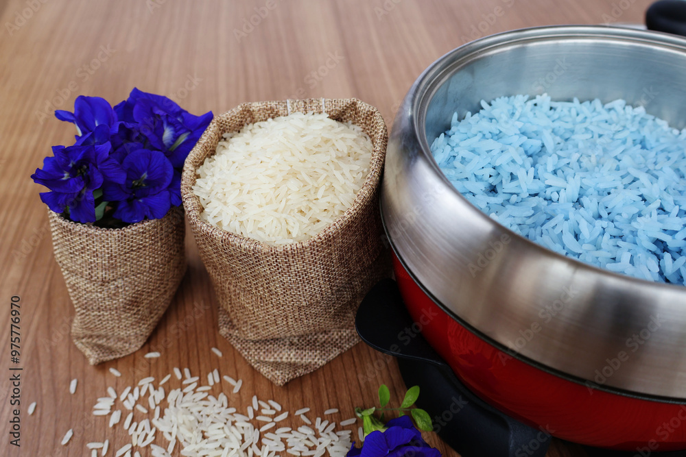 Bags of rice and Butterfly pea flowers in a folded hemp bag Place next ...