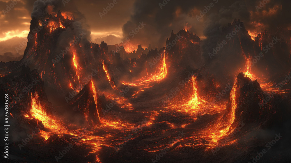 A breathtaking volcanic landscape. Molten lava flows down the sides of ...