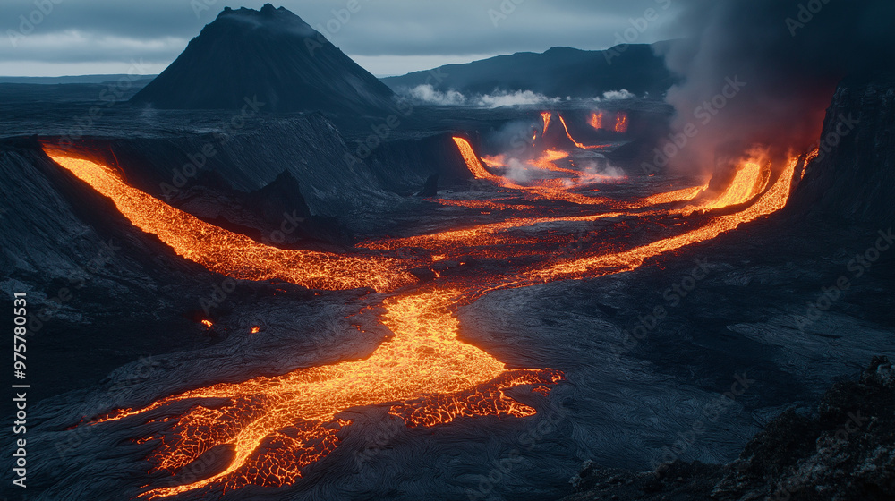 A breathtaking volcanic landscape. Molten lava flows down the sides of ...
