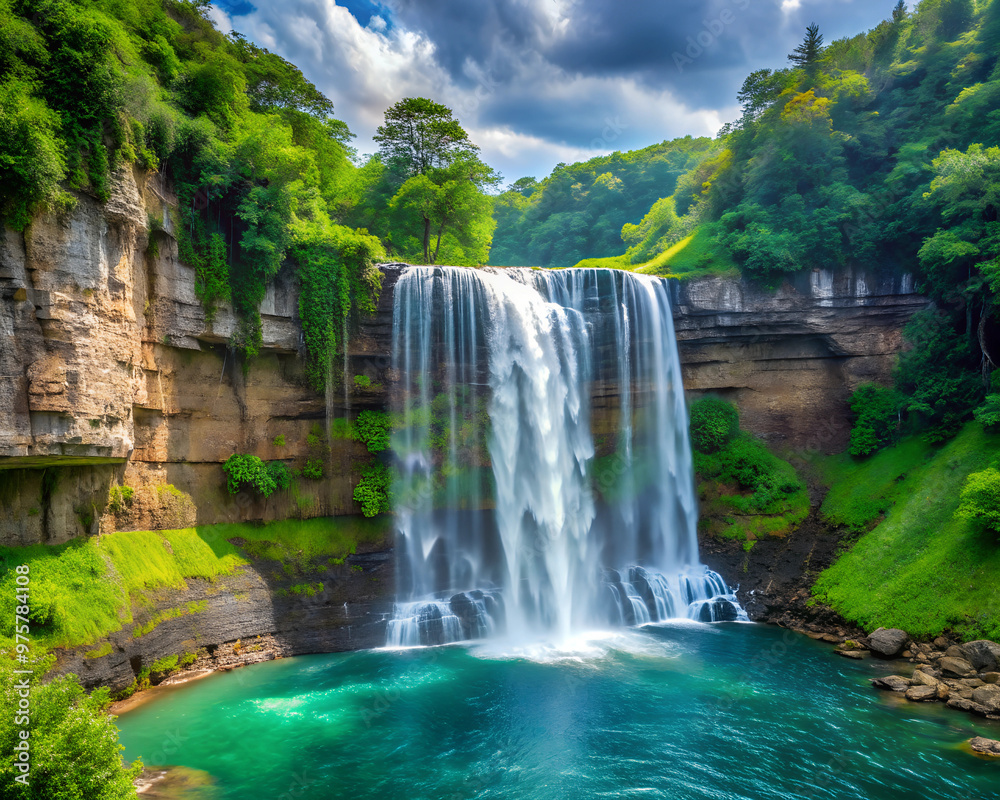 A photo of a majestic waterfall roaring down a cliffside, with a large ...