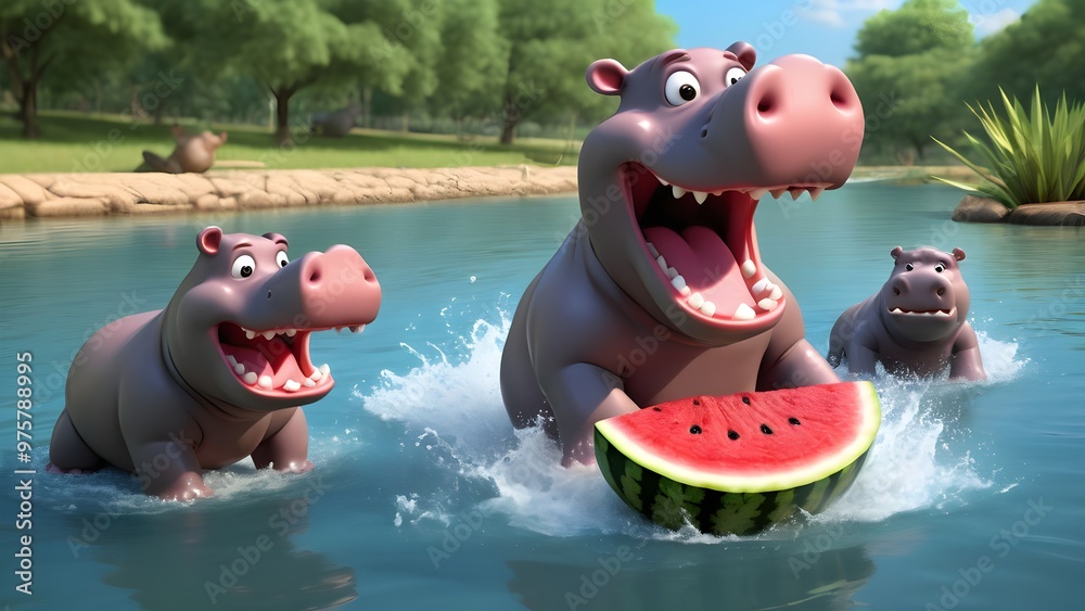 Hungry Hippo Hank might be eyeing a watermelon floating by on the river ...