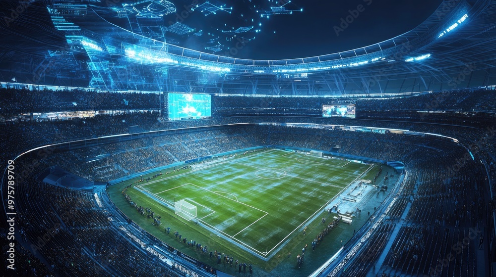 High-tech sports stadium with AI gameplay analysis and interactive ...
