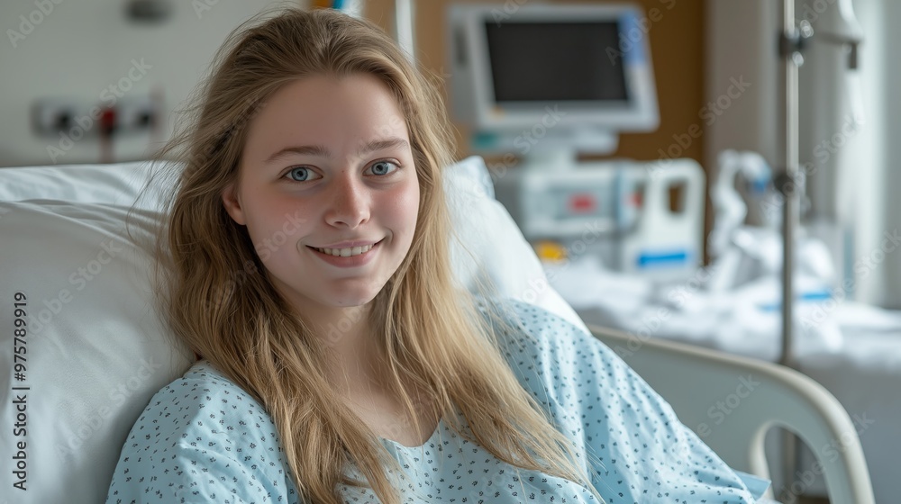 Young Blonde Woman in Hospital Gown Smiling in Hospital Bed, Medical ...