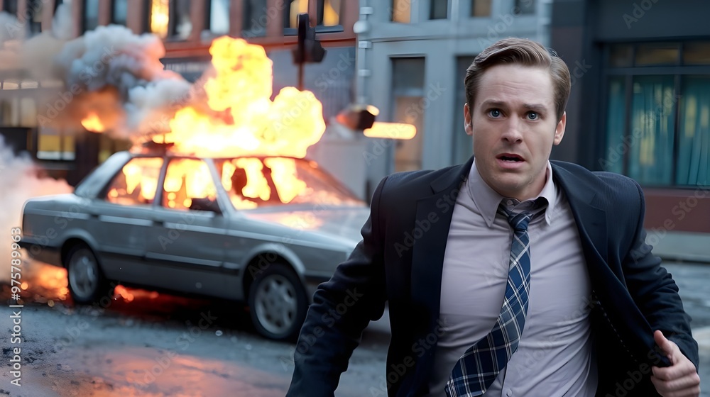 A man running away from an explosion on a car. The car is in the ...
