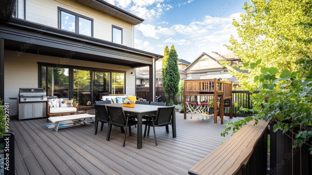 A large family-friendly deck with a play area, dining table, and ...