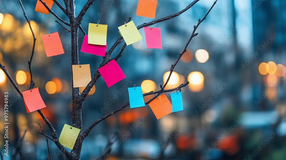 detailed image of colorful sticky notes on tree branches forming a mind ...