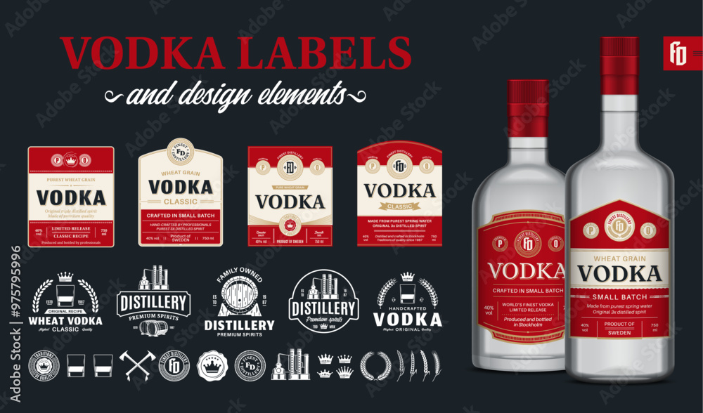 Vector red and beige vodka labels. Realistic vodka glass bottle mockups ...